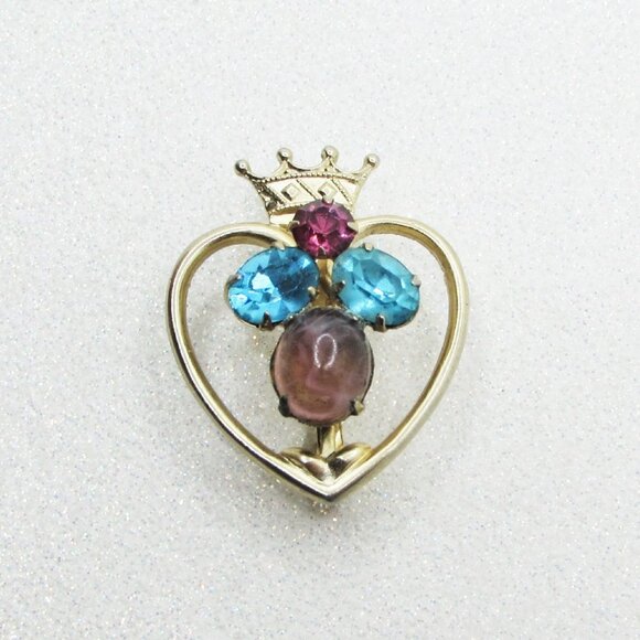 Coro | Jewelry | Early Vintage Coro Gold Heart Crown Brooch Blue Pink ...